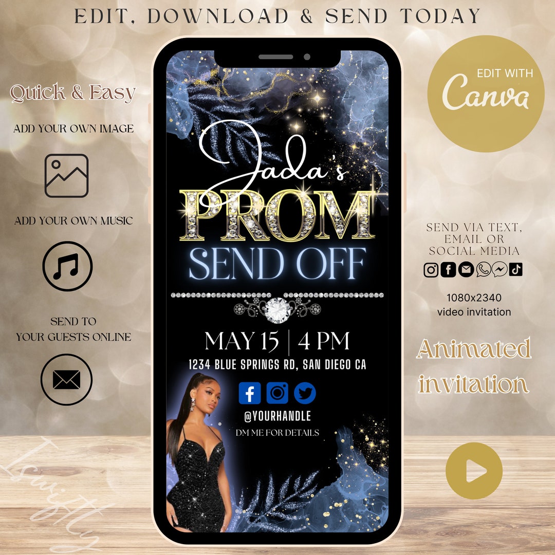 Animated Glitter Blue Prom Send off Video Invitation,digital Prom Party ...
