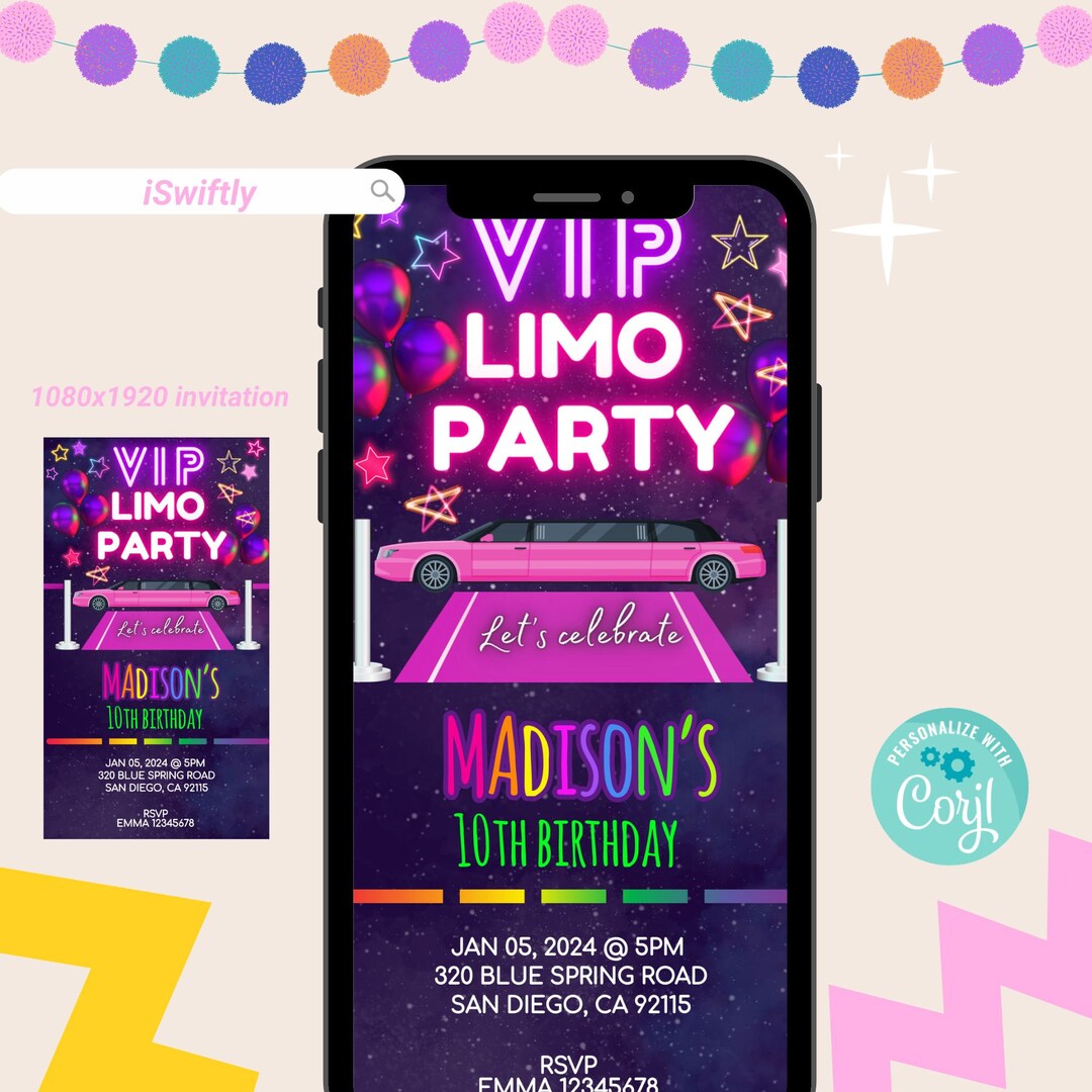 Vip Pink Limo Party Text Invitation,vip Limo Neon Glow Birthday ...