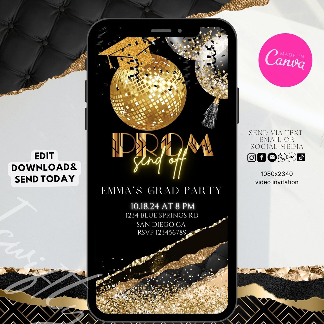 Gold Glam Prom Send off Digital Invitation,gold Glitter Prom Party ...