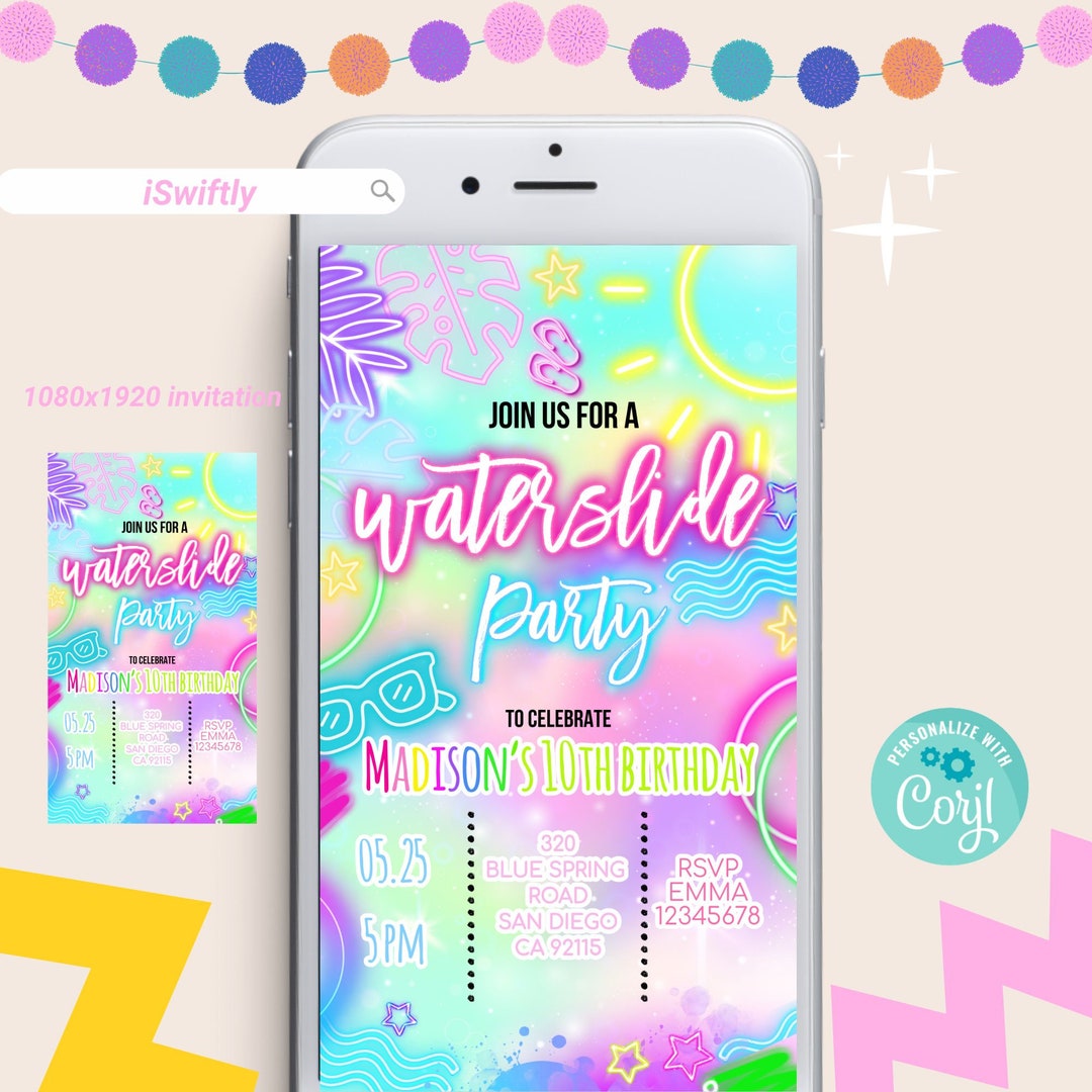 Waterslide Party Text Invitation,evite Birthday iPhone Invitation, Pool ...