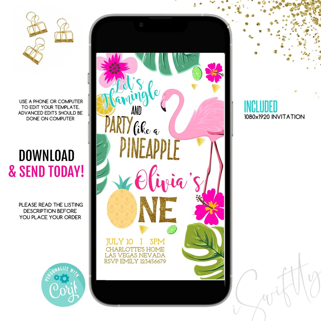 Let's Flamingle E-invitation, Tropical Pineapple Birthday Phone Invite ...
