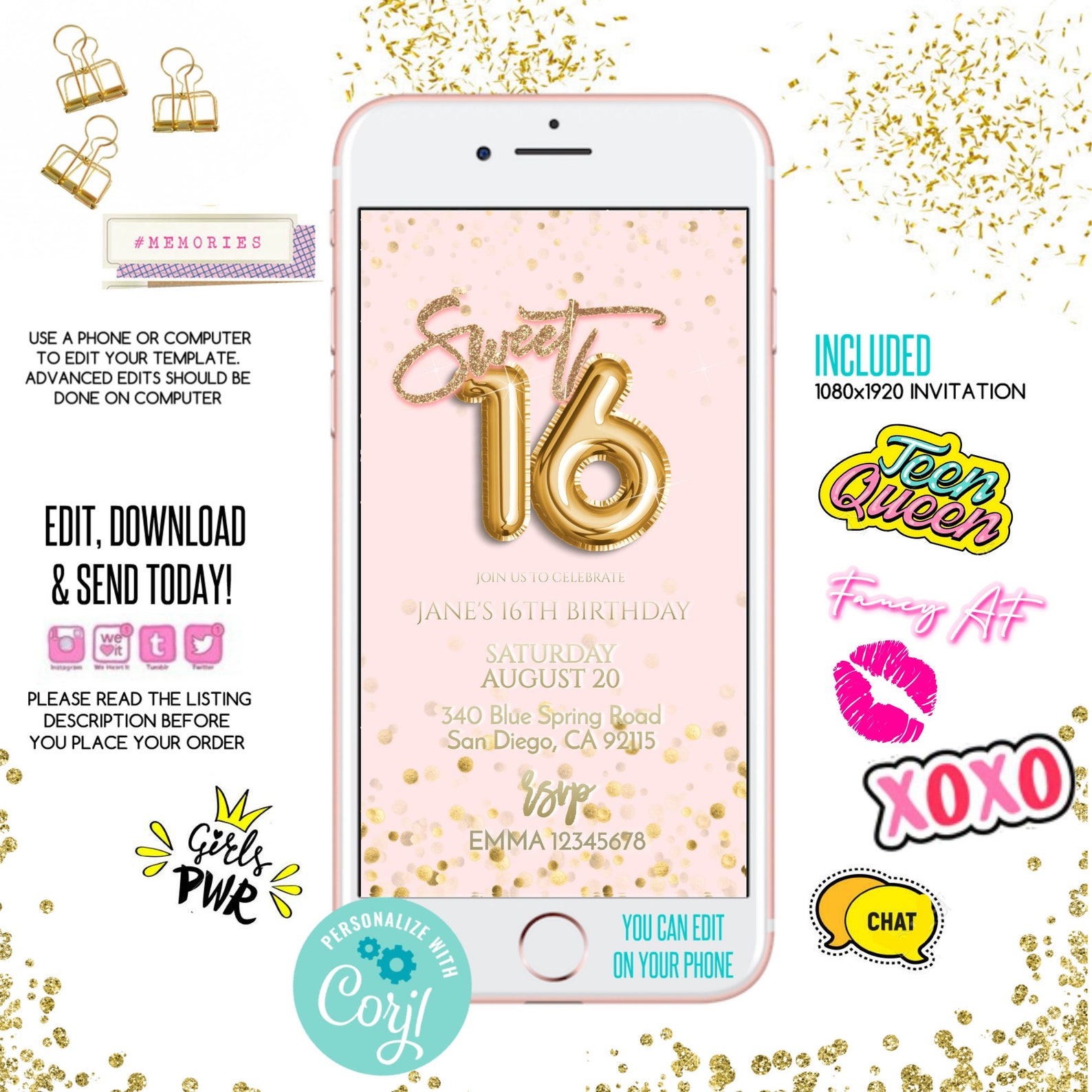 Pink Glitter Sweet 16 Text Invitation Sweet Sixteen Birthday - Etsy