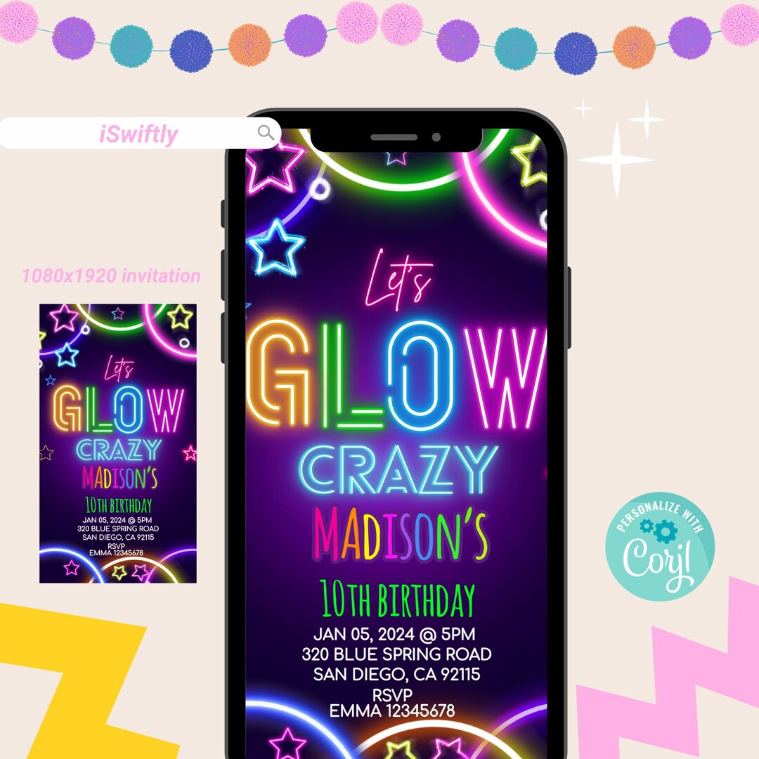 Glow Birthday Text Invitation, Glow Party, Neon Glow Birthday ...