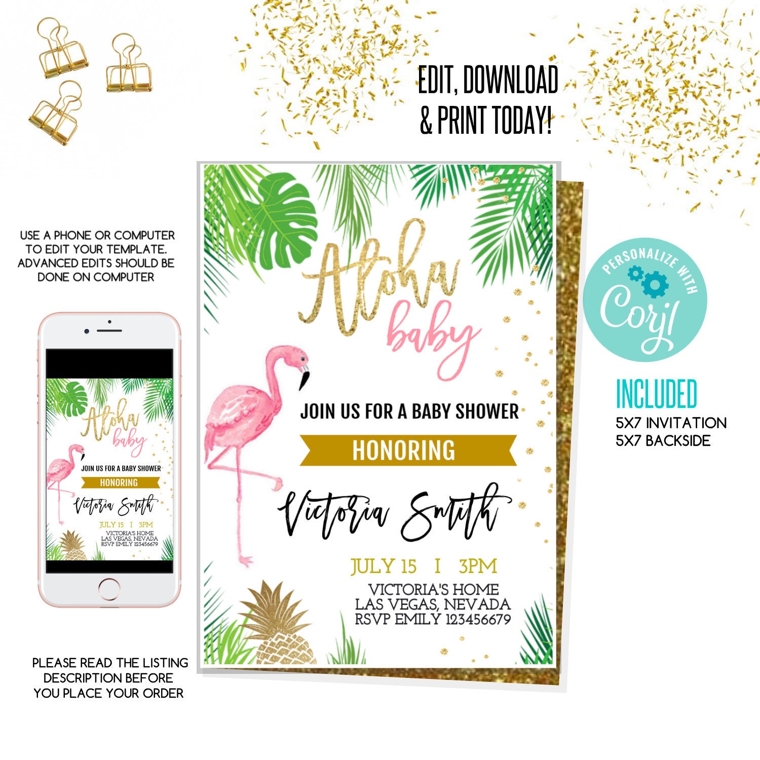 Aloha baby shower invitationprintable flamingo baby shower | Etsy