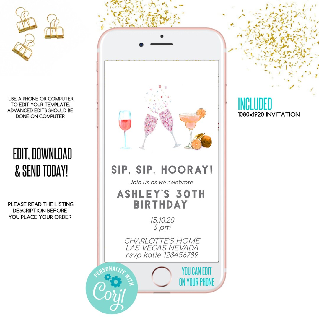 Sip Sip Hooray Birthday Invitation, Cocktail Birthday Evite, E ...