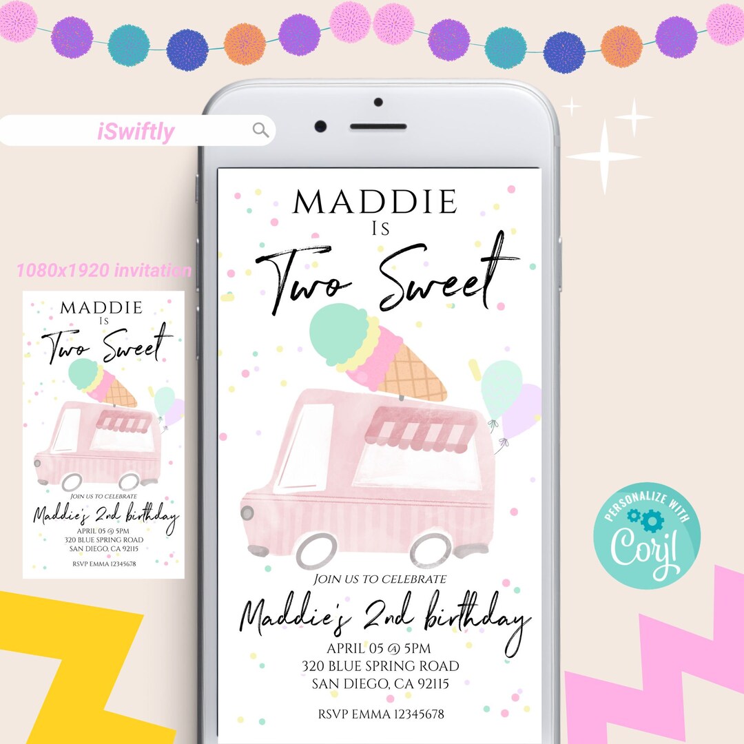 Two Sweet Ice Cream Text Invitation,icecream E-invite, Sweet Party ...
