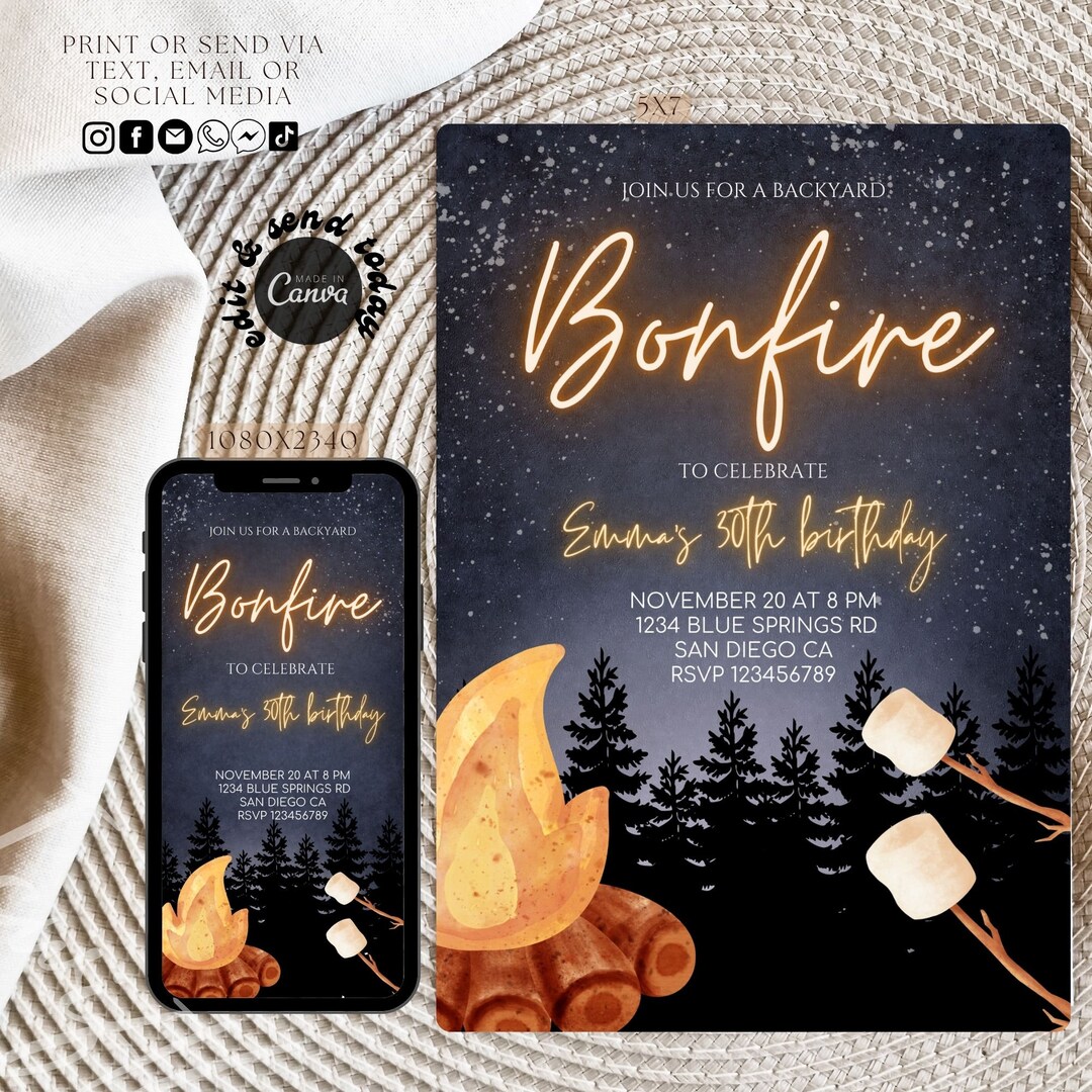 Bonfire Invitation, Camping Invitation,birthday Bonfire, Text ...