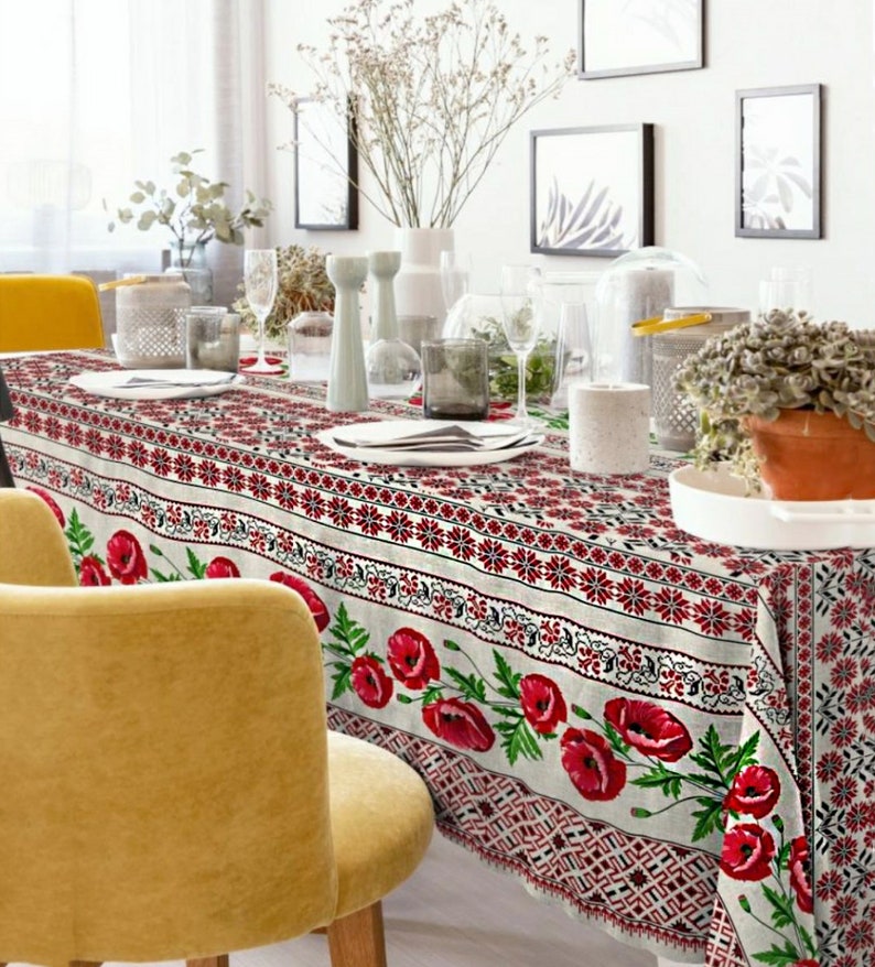 Ukrainian Poppies Linen Tablecloth Embroidered Print Tablecloth ...