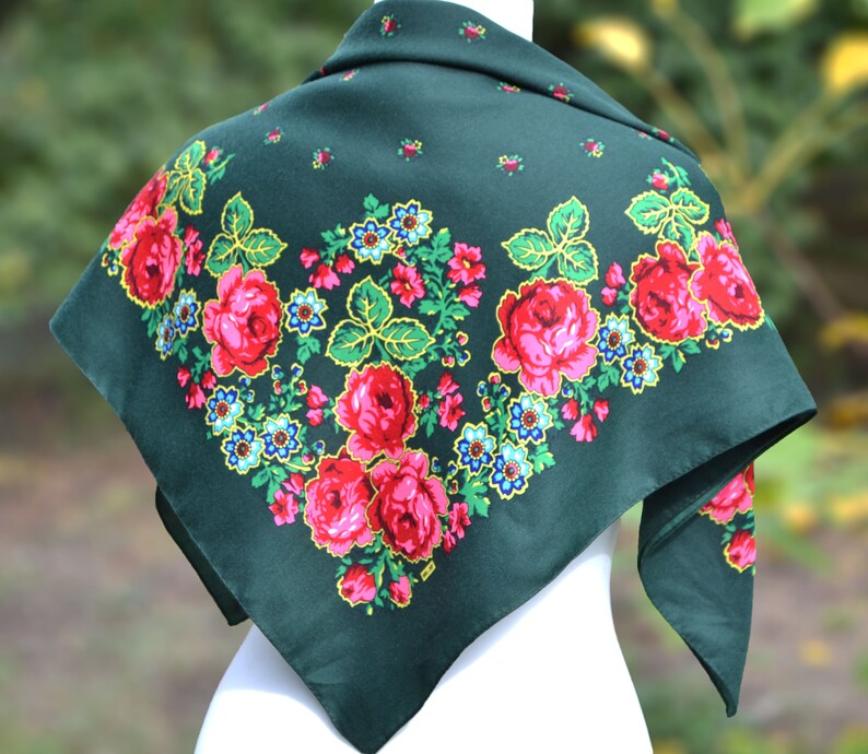 Dark Green Ukranian Scarves Black Flower Shawl Russian Head - Etsy