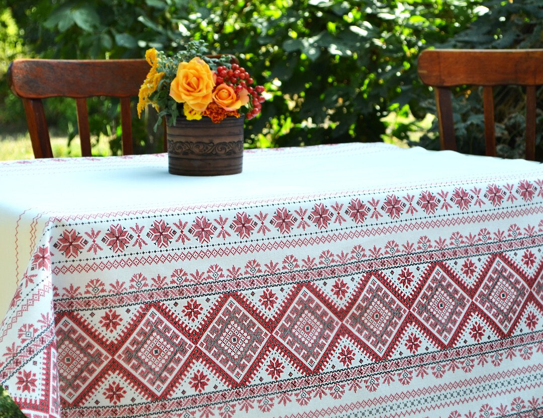 Linen Tablecloth Ukrainian Traditional Embroidery Print Farmhouse Decor ...