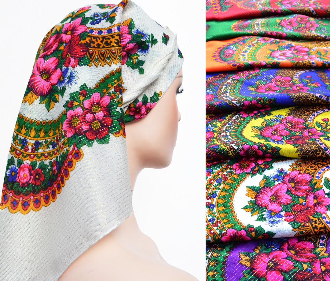 Metallic Floral Scarves Ukranian Head Scarf Babushka Sparkly Scarf - Etsy