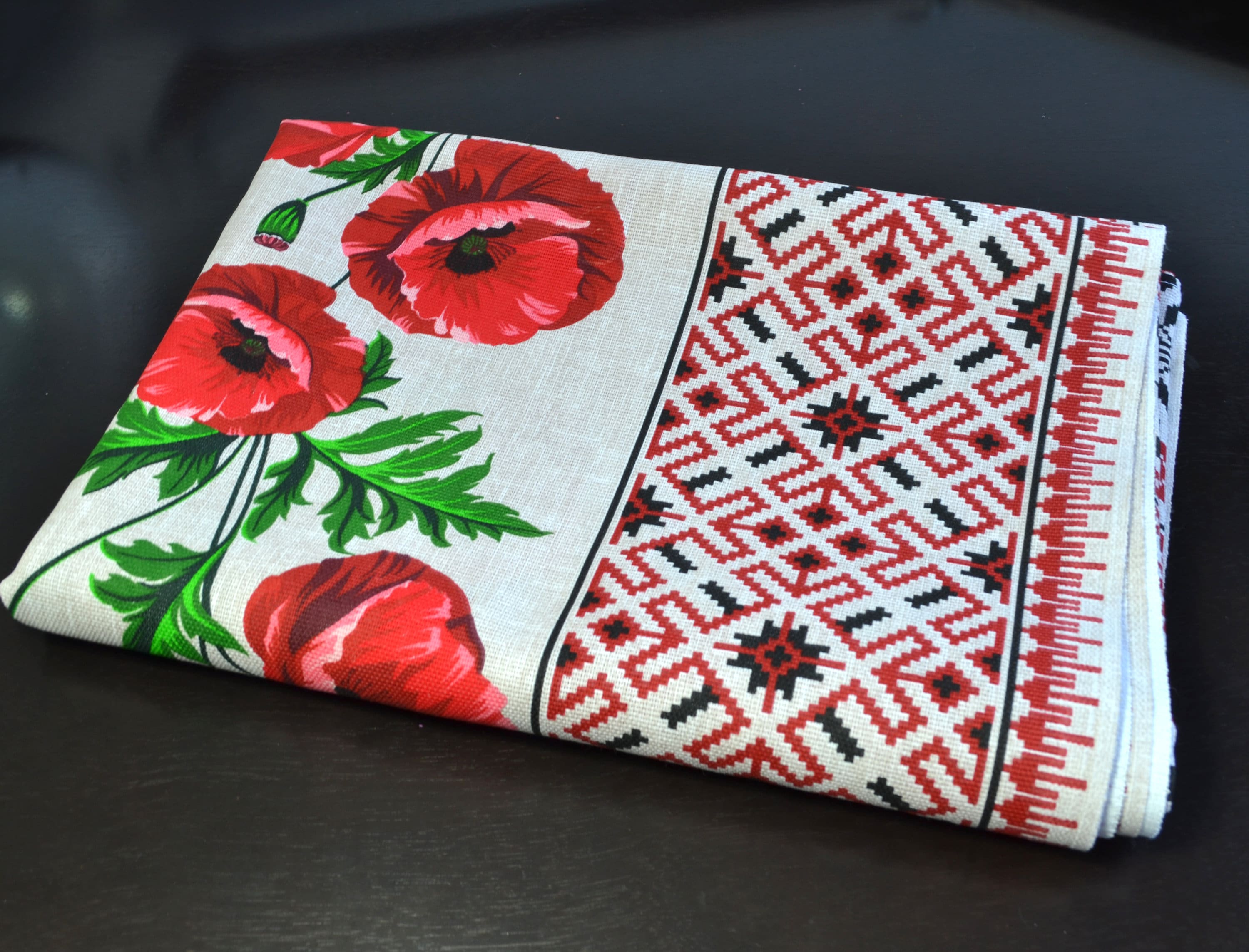 Ukrainian poppies linen tablecloth Embroidered print | Etsy