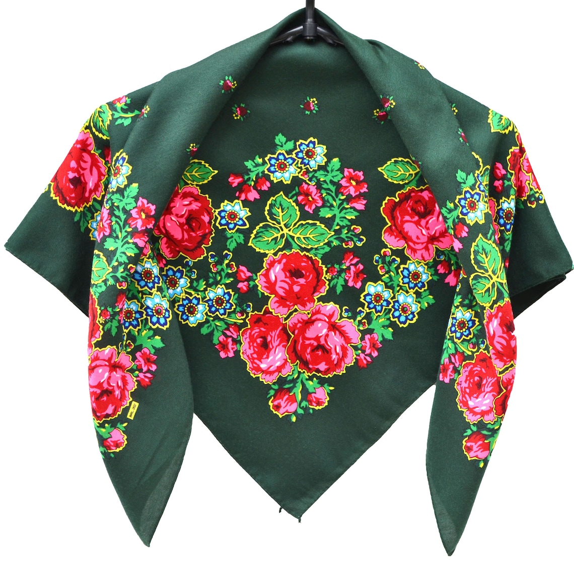 Dark Green Ukranian Scarves Black Flower Shawl Russian Head - Etsy