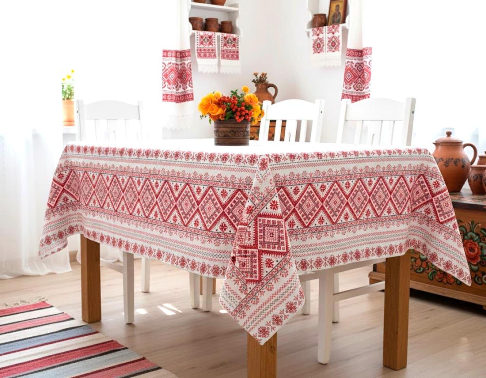 Linen Tablecloth Ukrainian Traditional Embroidery Print Farmhouse Decor ...