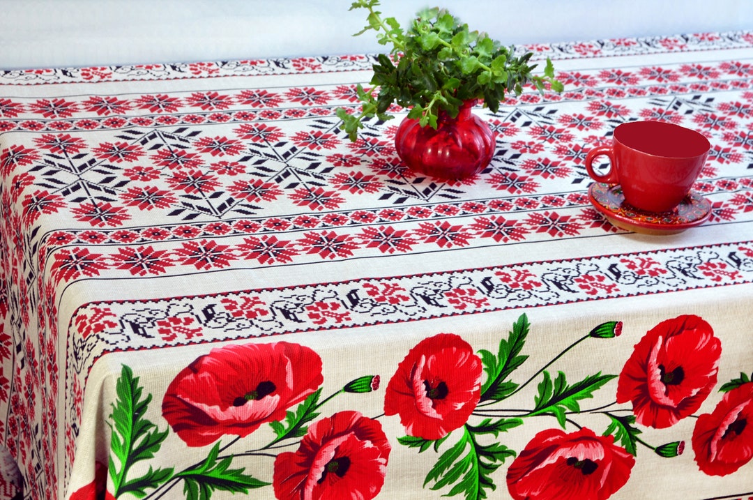 Ukrainian Poppies Linen Tablecloth Embroidered Print Tablecloth ...