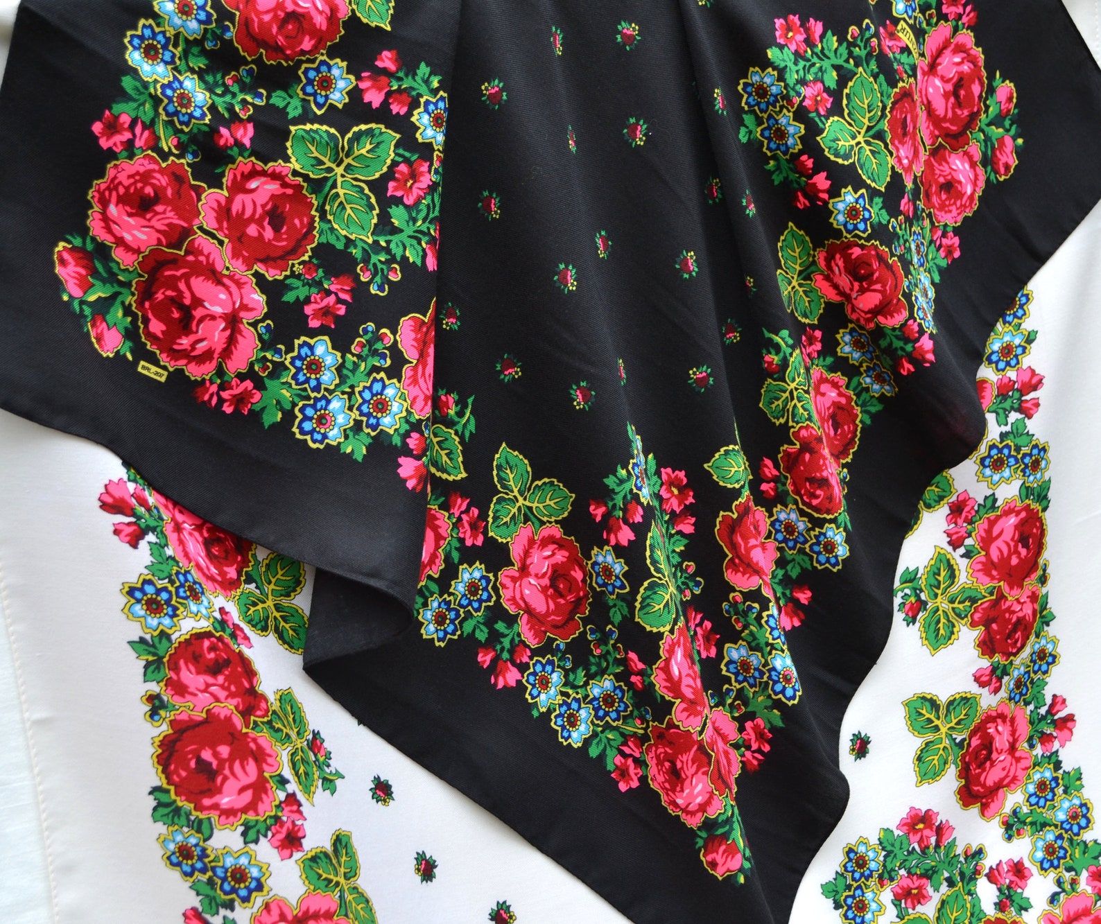 Black Flower Head Scarf White Russian Shawl Ukranian Scarves - Etsy