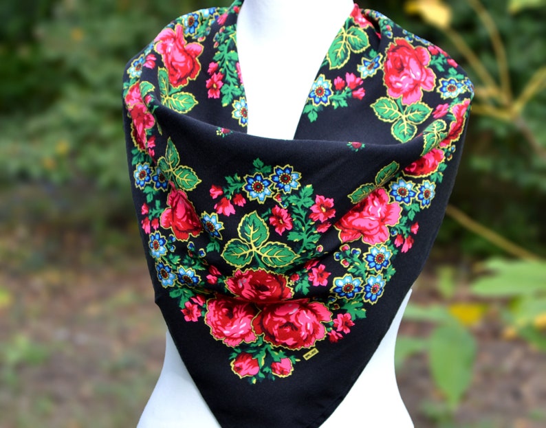 Dark Green Ukranian Scarves Black Flower Shawl Russian Head - Etsy
