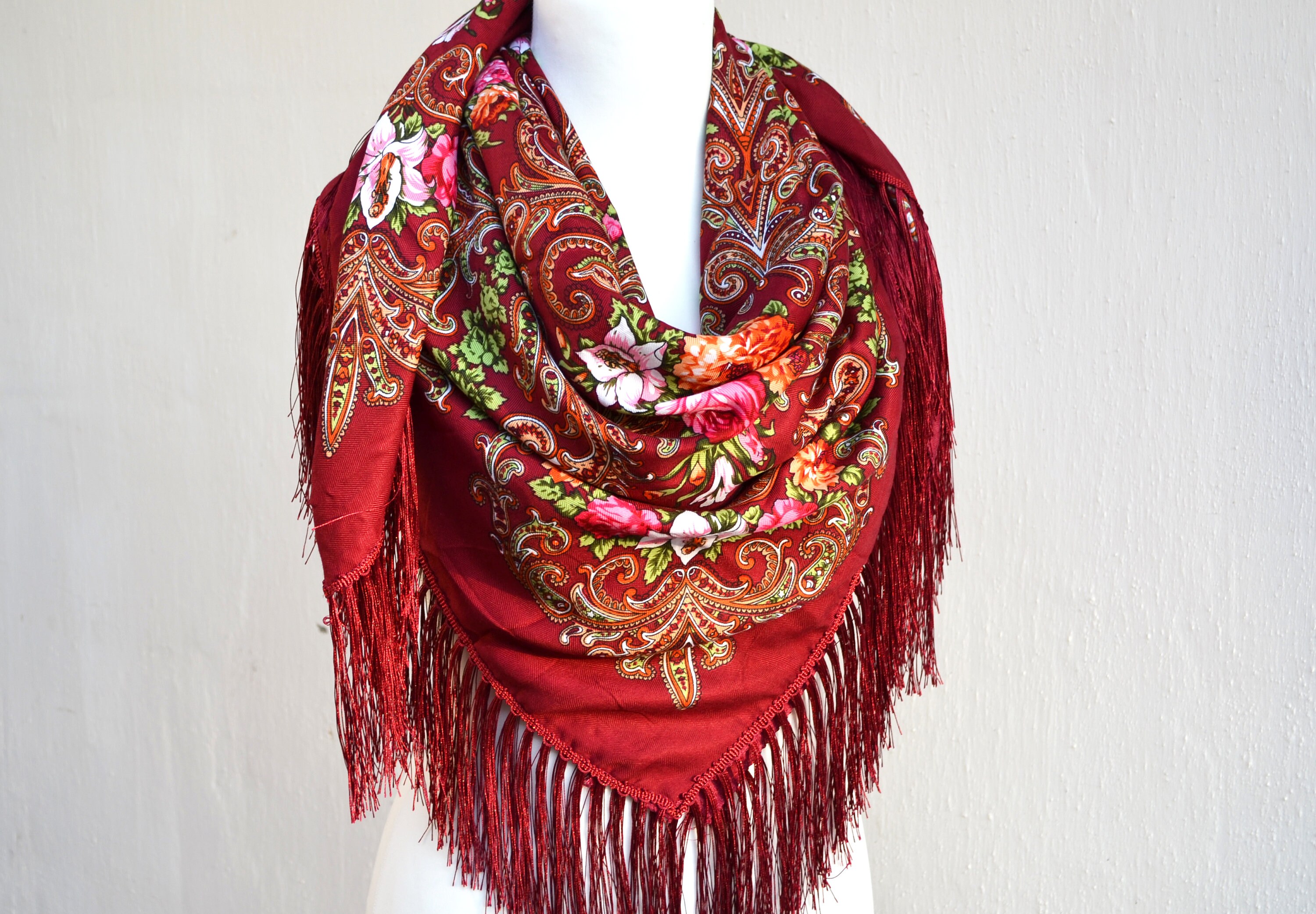 Burgundy Scarf Fringe Piano Shawl Chale Ukrainian Shawl - Etsy