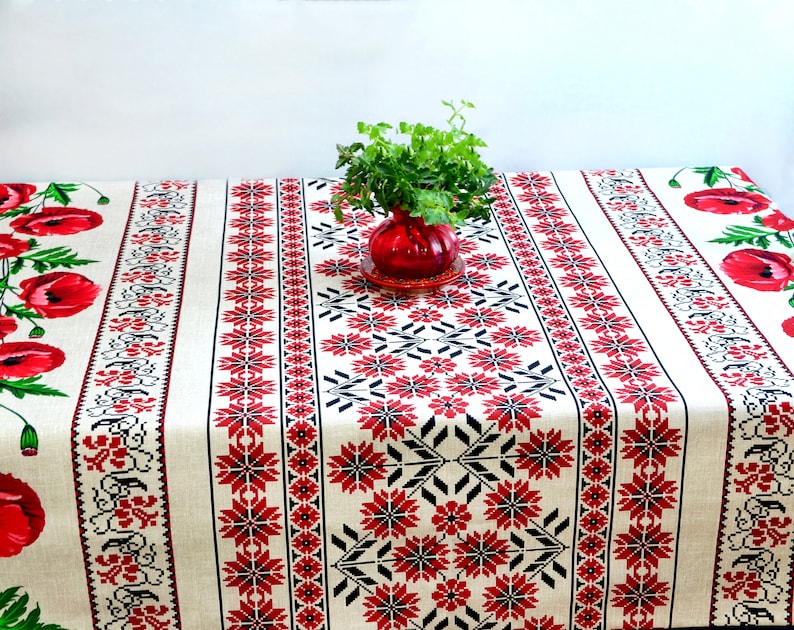 Ukrainian Poppies Linen Tablecloth Embroidered Print Tablecloth ...