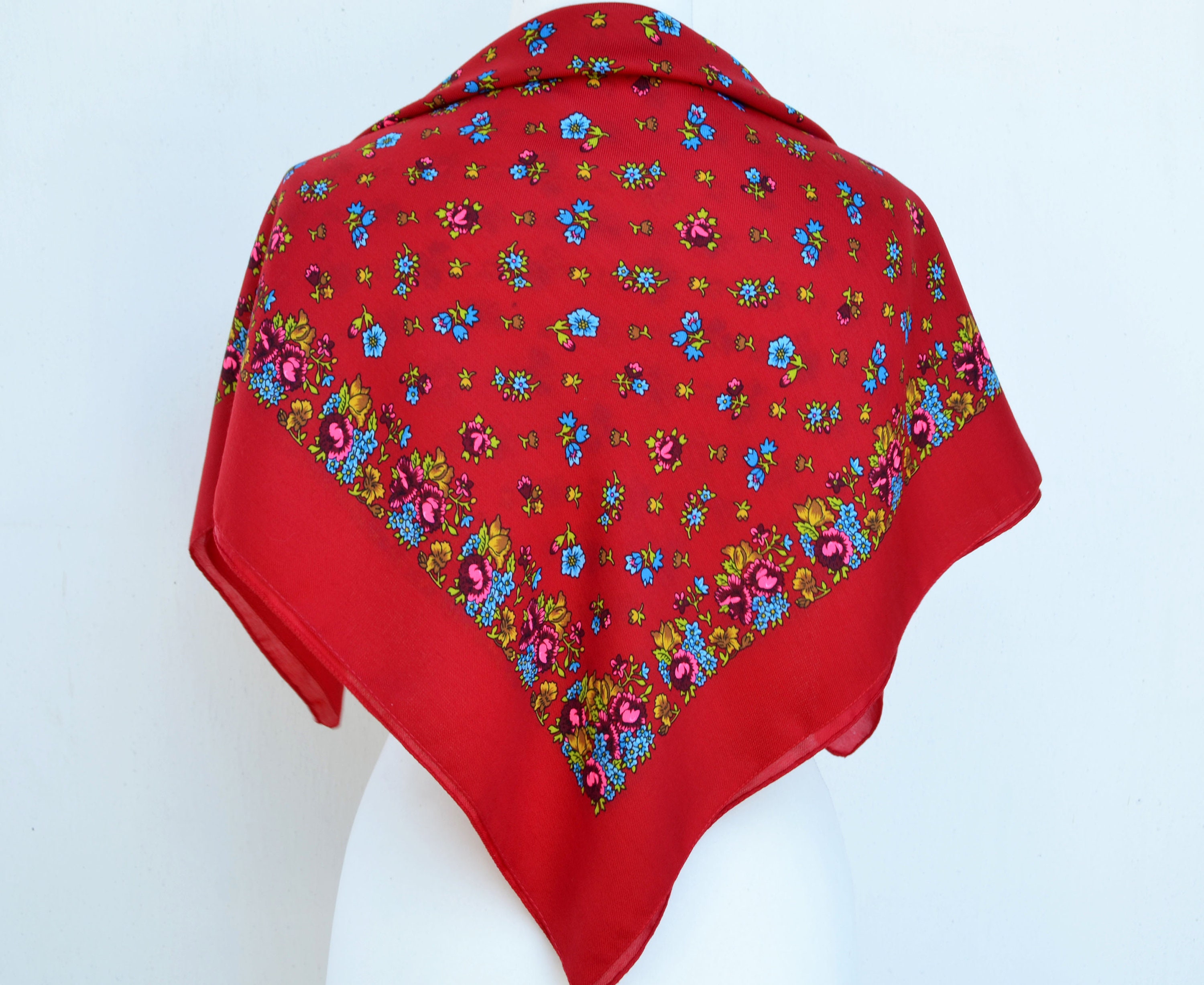 Red Head Scarf Floral Square Scarf Babushka Scarf | Etsy