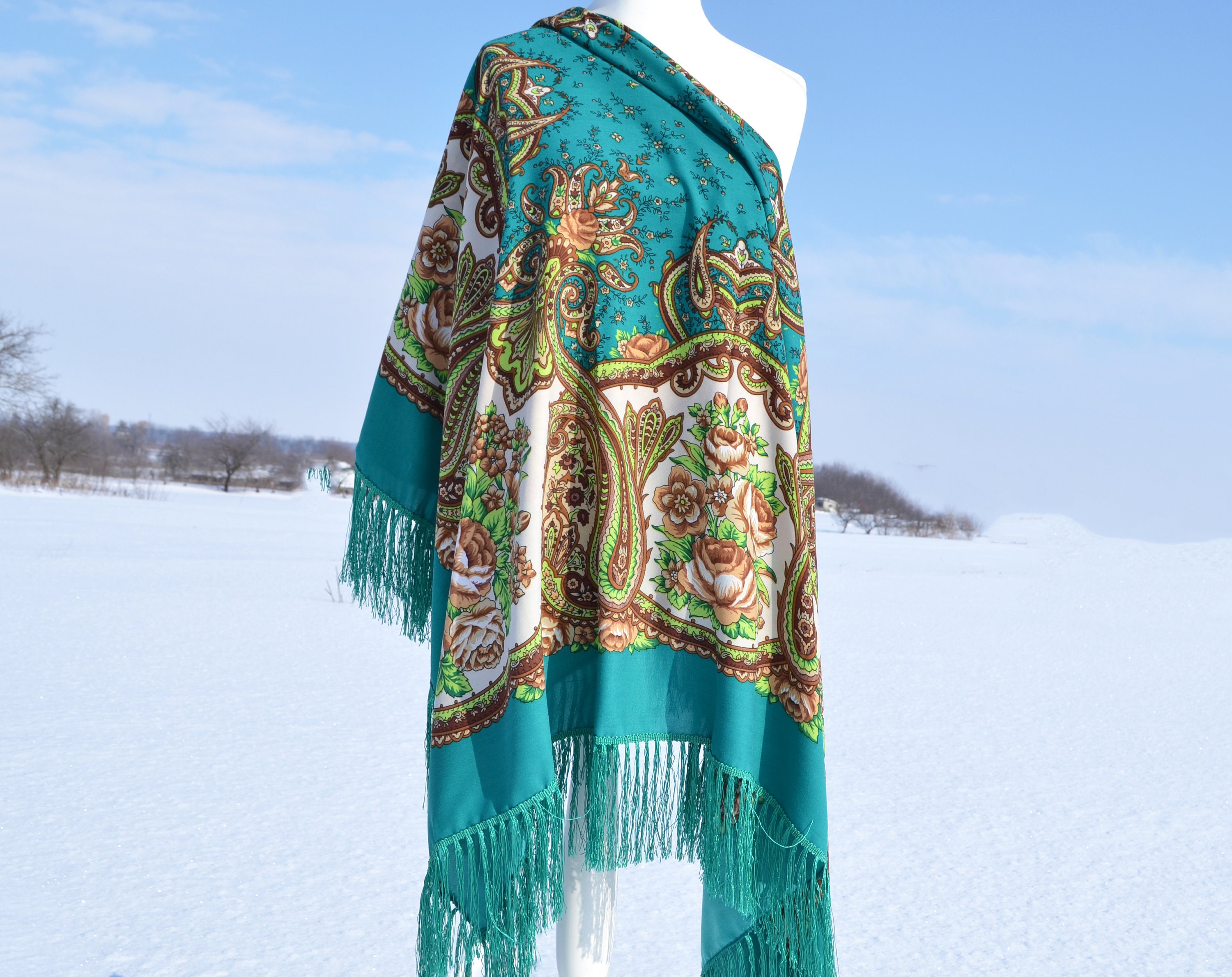 Turquoise Ukrainian Shawl Fringe Large Floral Shawl Chale - Etsy