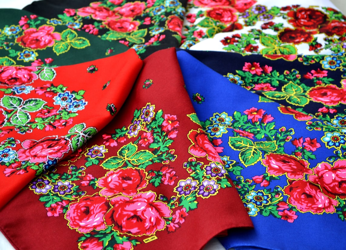 Dark Green Ukranian Scarves Black Flower Shawl Russian Head - Etsy