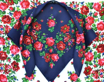 Black Flower Head Scarf White Russian Shawl Ukranian Scarves | Etsy