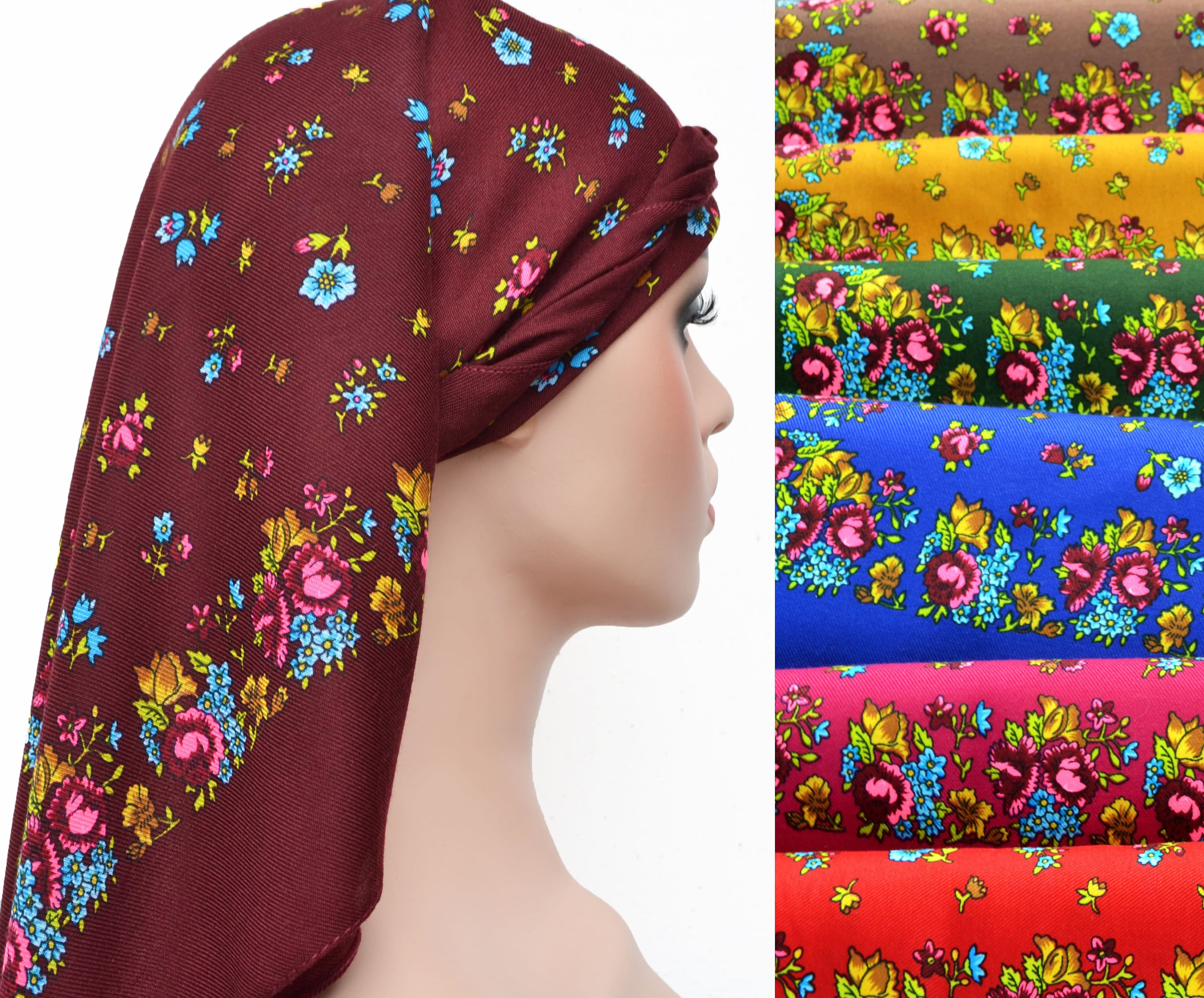 Russian head scarves Burgundy square scarves Babushka scarf | Etsy