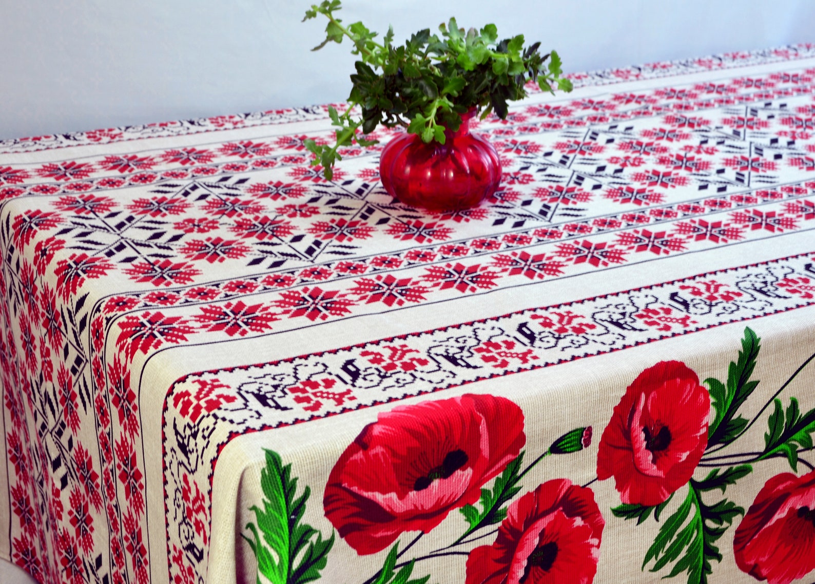 Ukrainian Poppies Linen Tablecloth Embroidered Print Tablecloth ...