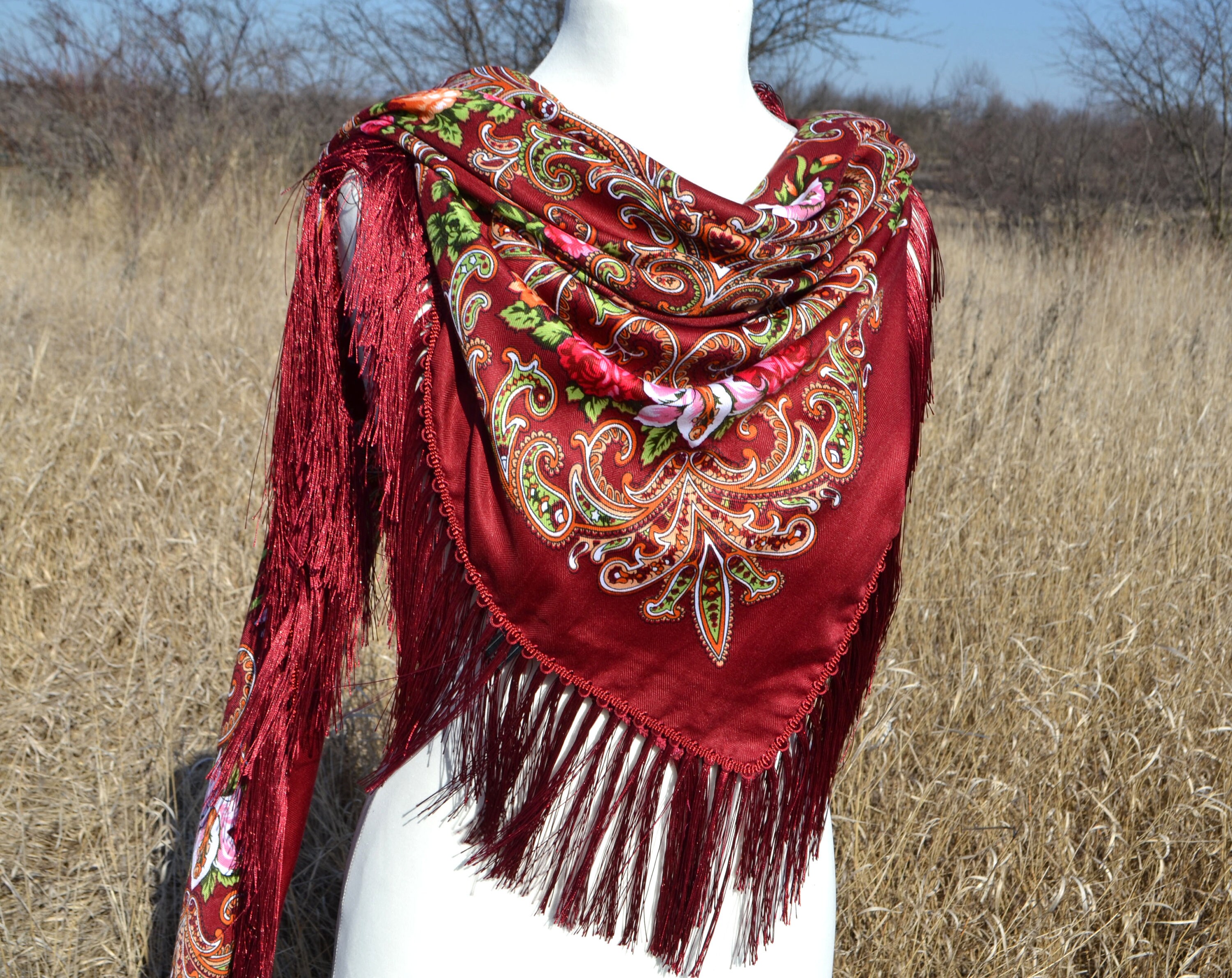 Burgundy Scarf Fringe Piano Shawl Chale Ukrainian Shawl - Etsy