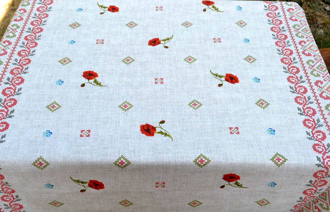 Poppies Linen Tablecloth Ukrainian Embroidered Print | Etsy
