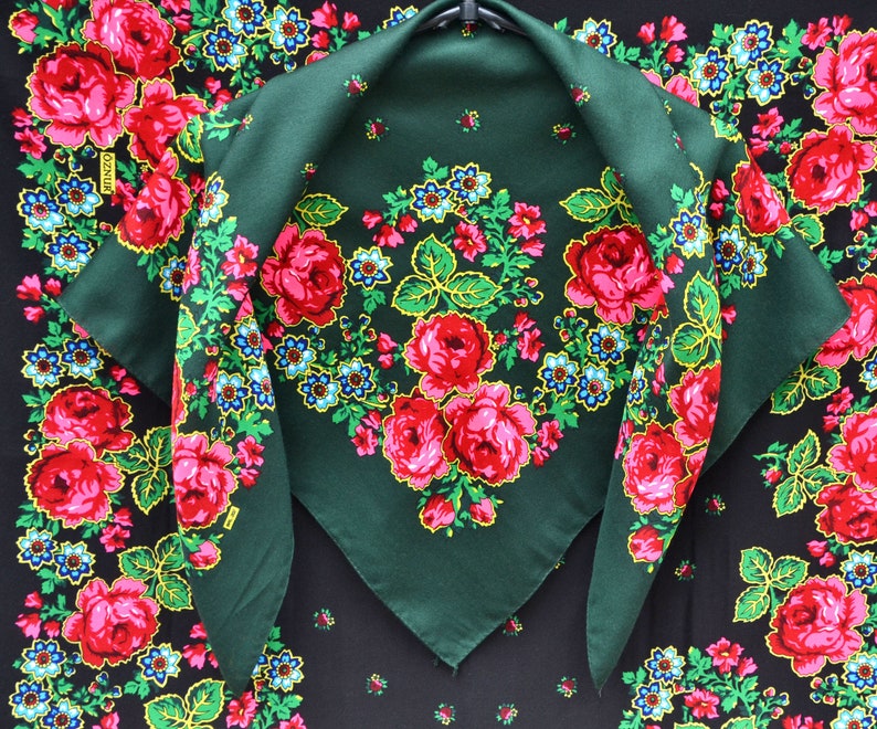 Dark Green Ukranian Scarves Black Flower Shawl Russian Head - Etsy
