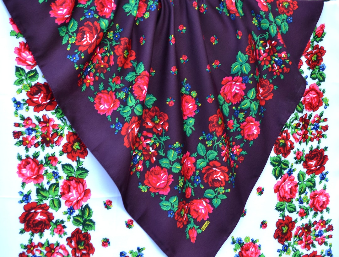 Dark Purple Scarf Babushkas Wool Scarf 29"-29 Romanian Floral Scarf - Etsy