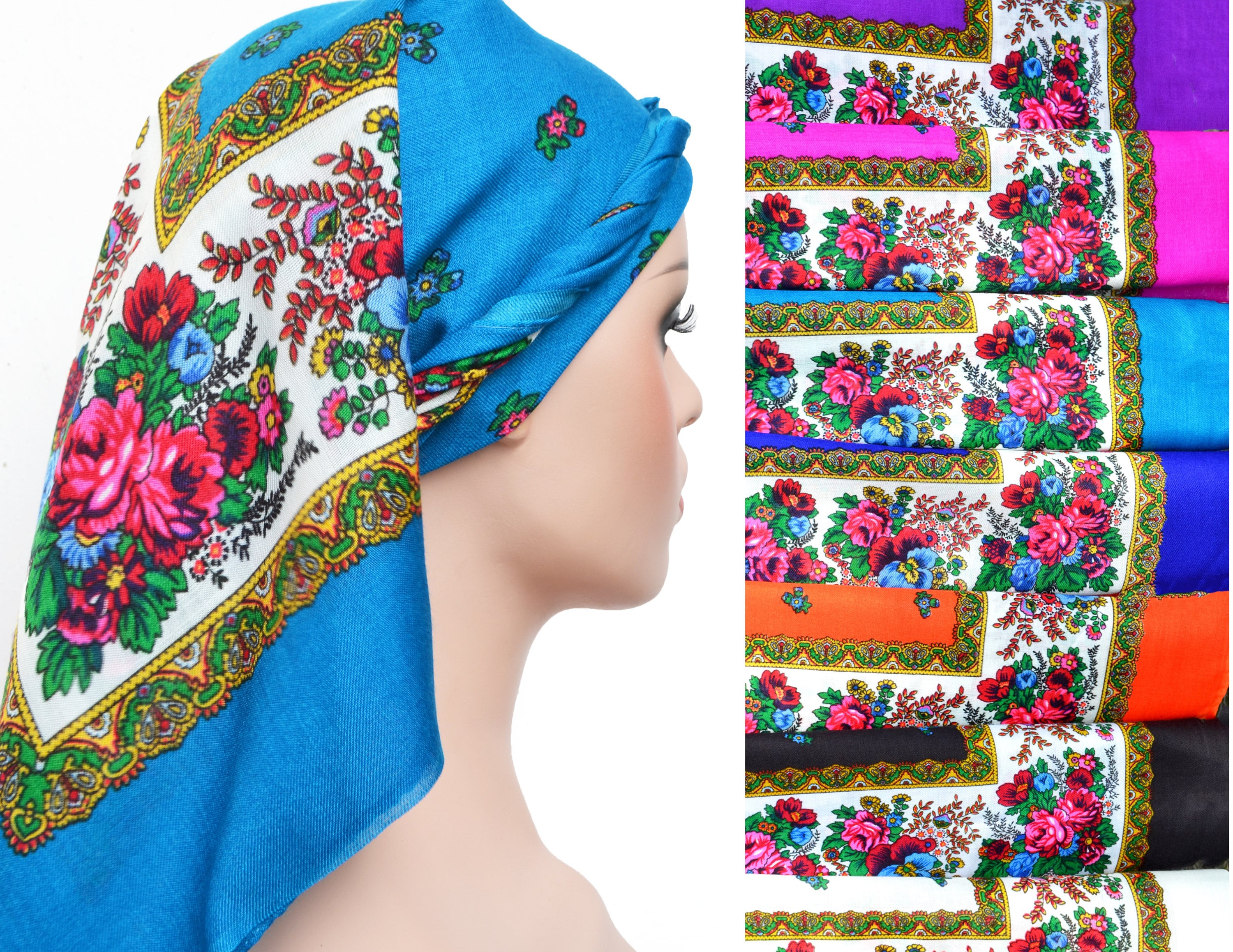 Babushka Scarf Blue Foral Head Scarf Ukrainian Shawl - Etsy UK