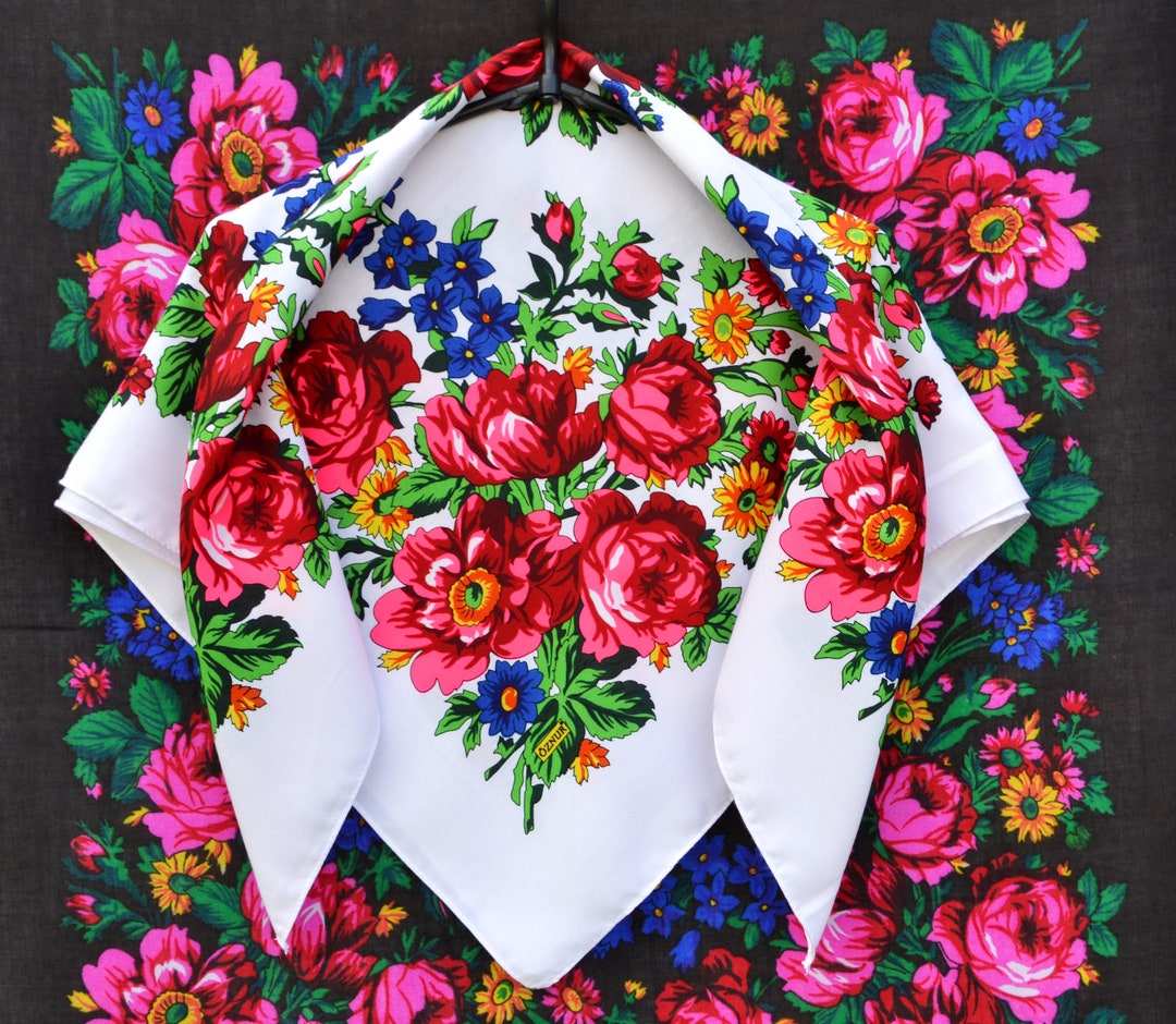 Babushka Scarf White Flower Head Scarf Ukranian Scarves - Etsy