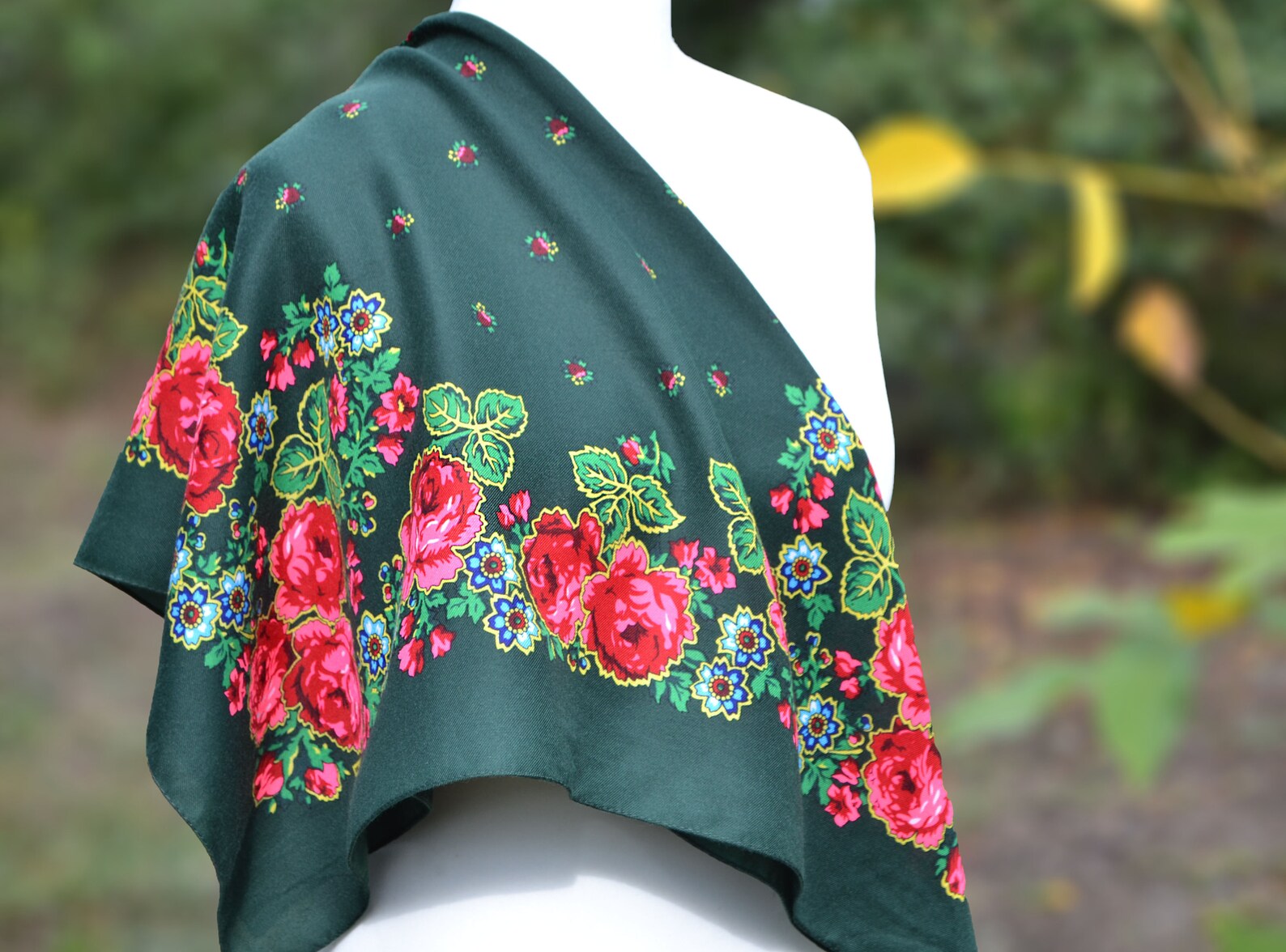 Dark Green Ukranian Scarves Black Flower Shawl Russian Head - Etsy