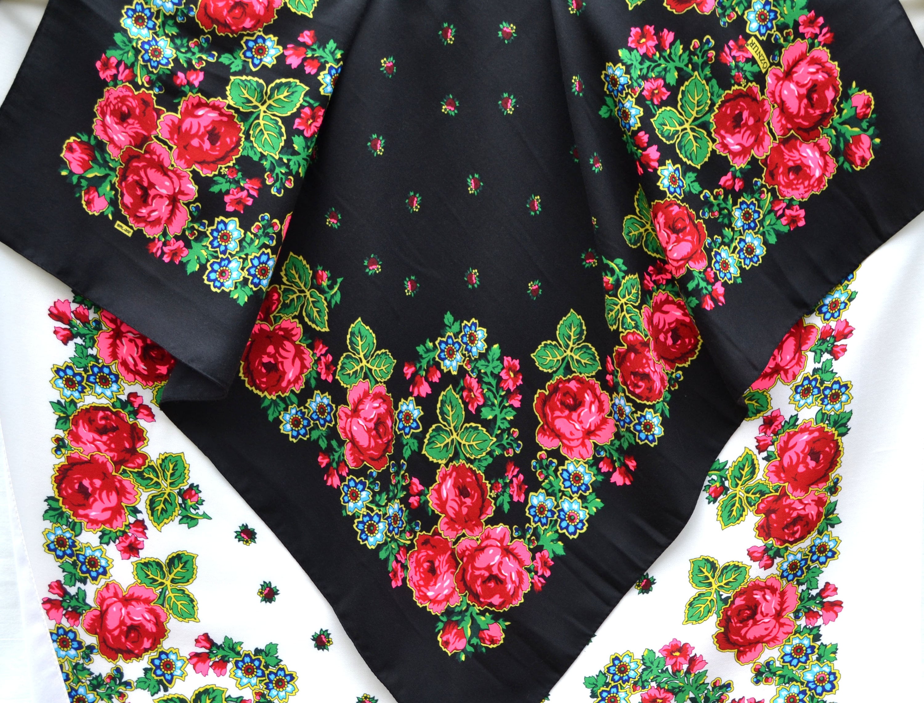 Black Flower Head Scarf White Russian Shawl Ukranian Scarves - Etsy