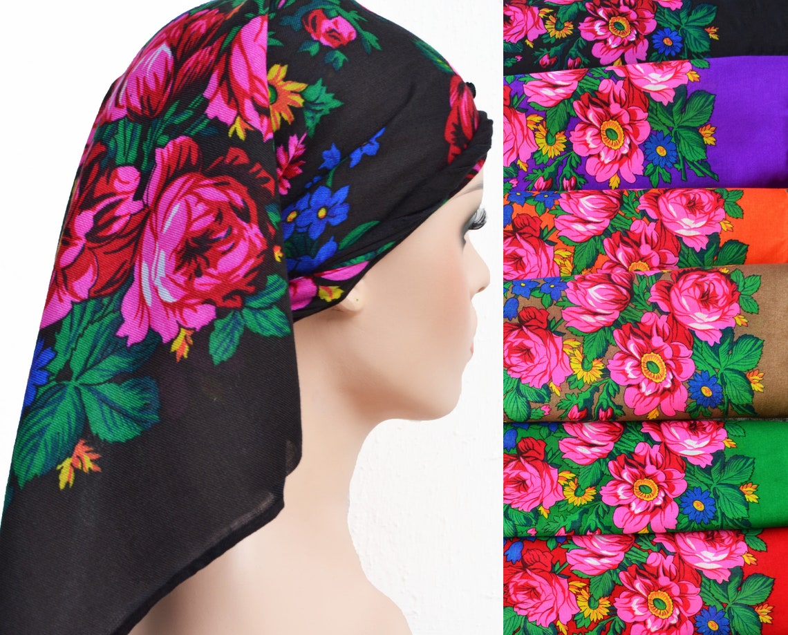 Black Head Scarf Ukranian Floral Scarf Babushka Scarf - Etsy