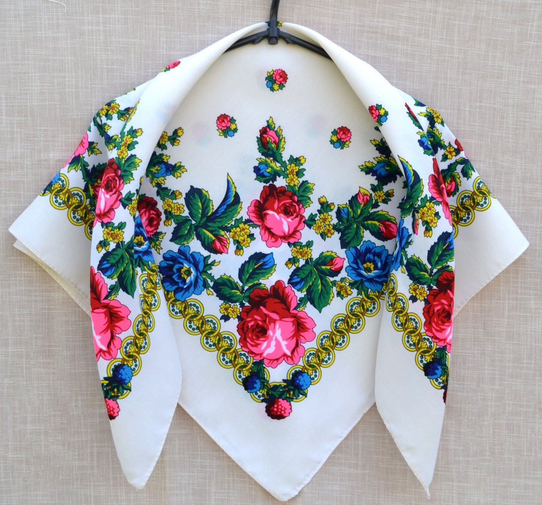 White Floral Babushka Scarf Slavic Head Scarf - Etsy
