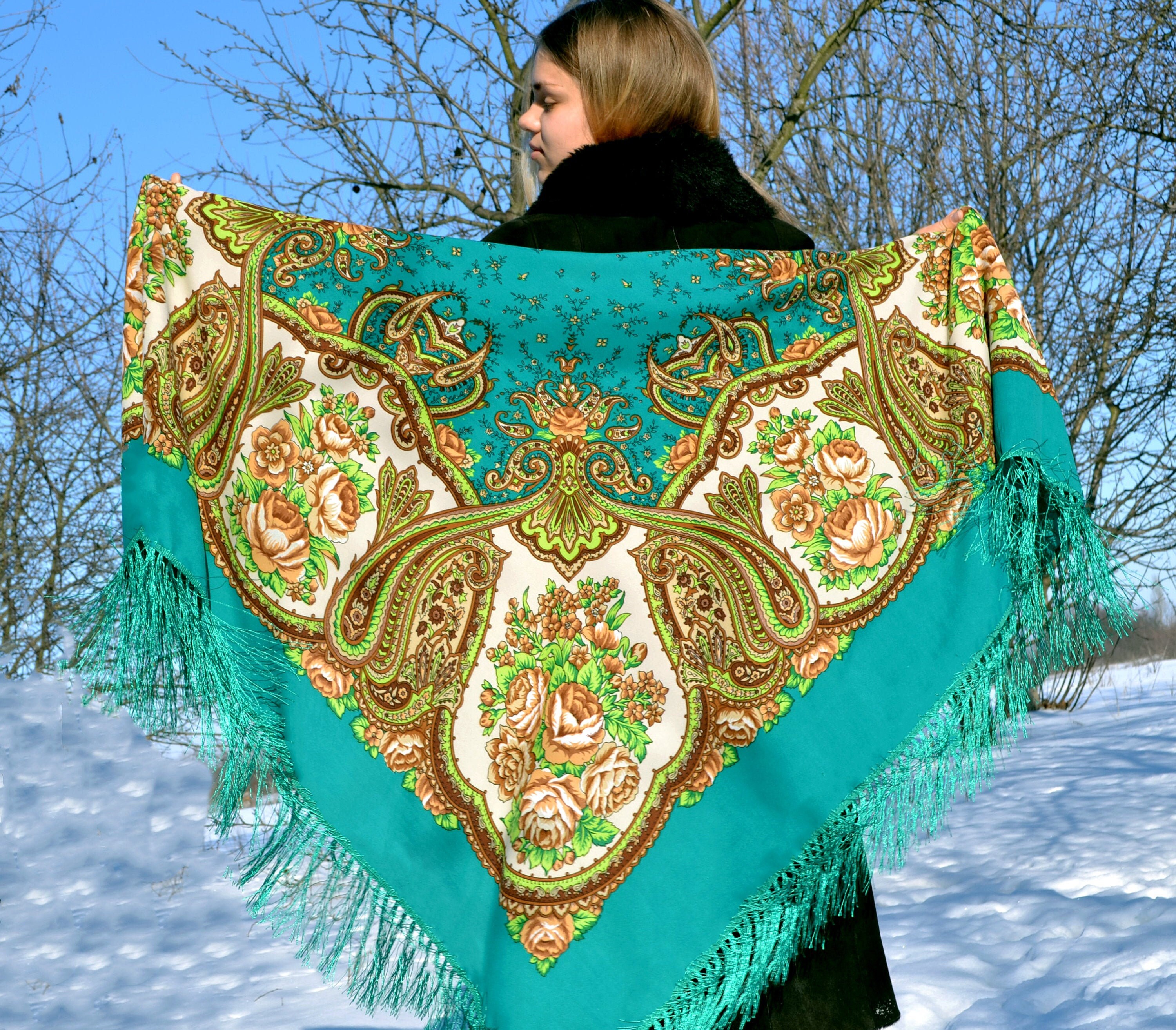 Turquoise Ukrainian Shawl Fringe Large Floral Shawl Chale - Etsy