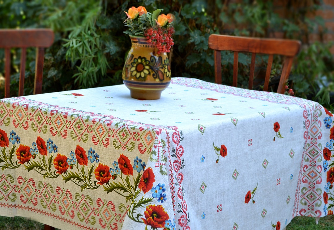 Poppies Linen Tablecloth Ukrainian Embroidered Print Tablecloth - Etsy