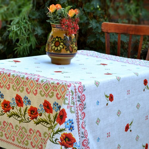 Ukrainian Poppies Linen Tablecloth Embroidered Print - Etsy