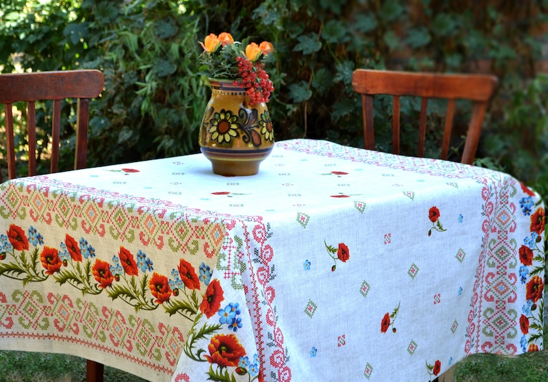 Poppies Linen Tablecloth Ukrainian Embroidered Print | Etsy