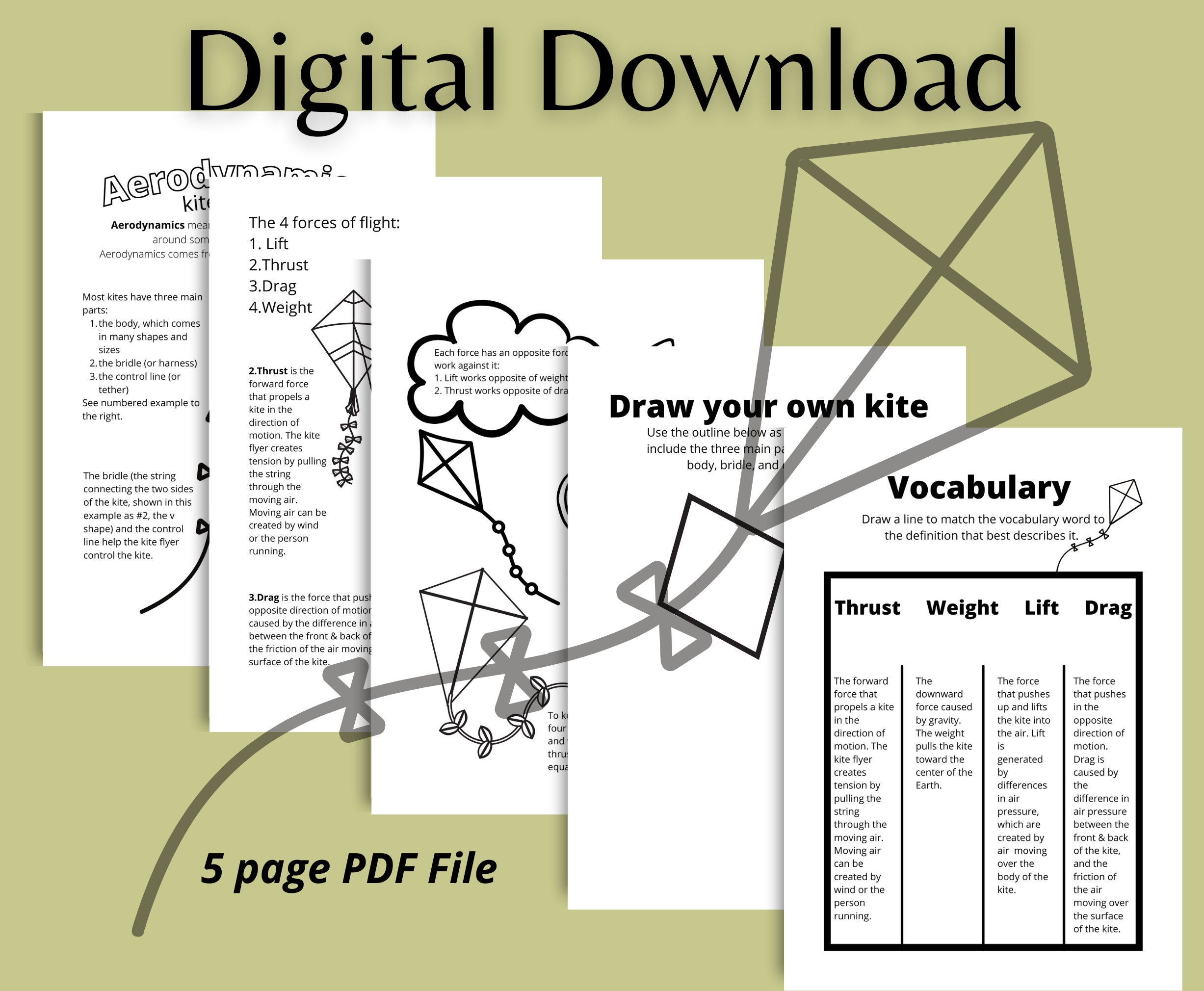 Homeschool Activity, the Aerodynamics of a Kite, 5 Page PDF File ...