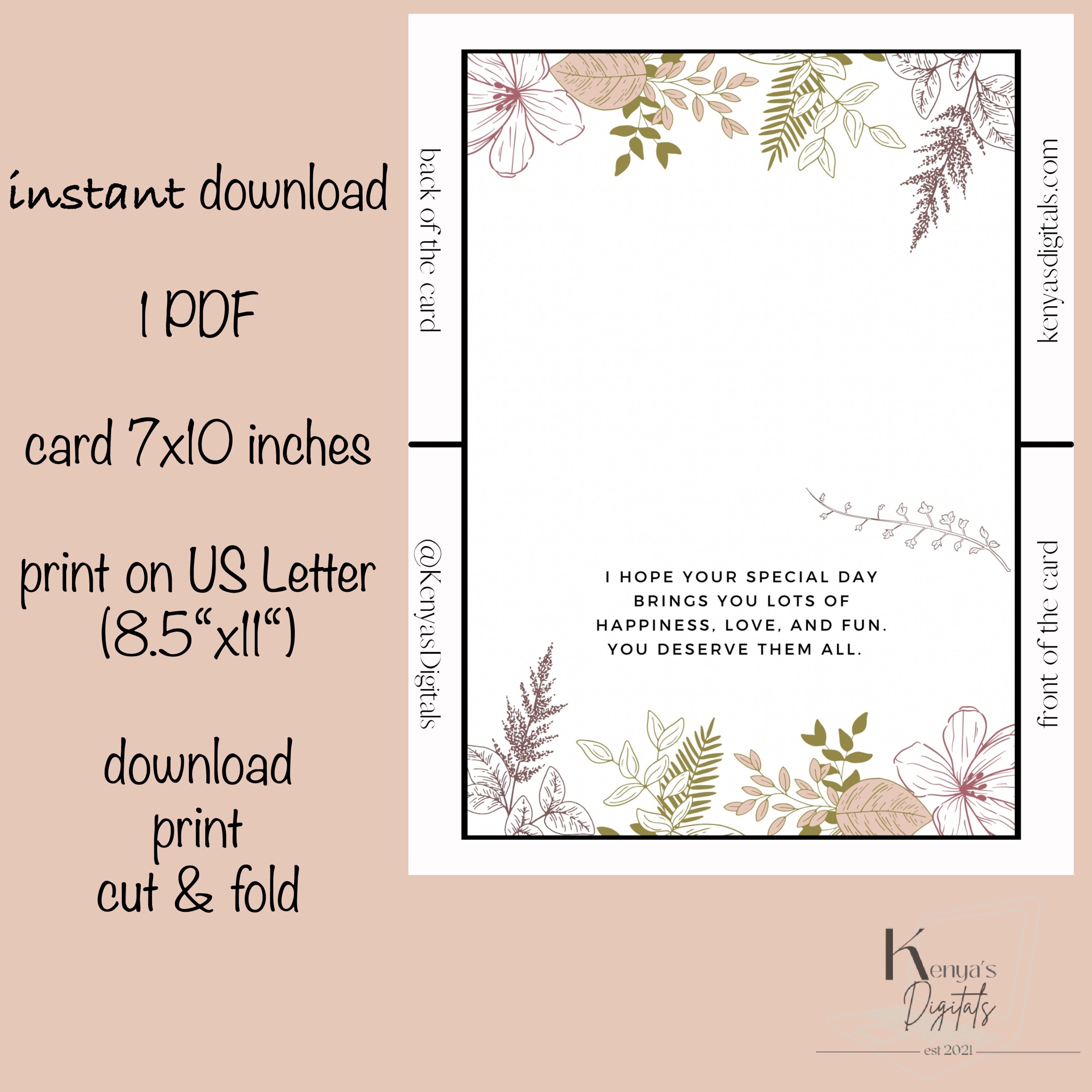 Happy Birthday Greeting Card, Outside & Inside, Instant Download PDF ...
