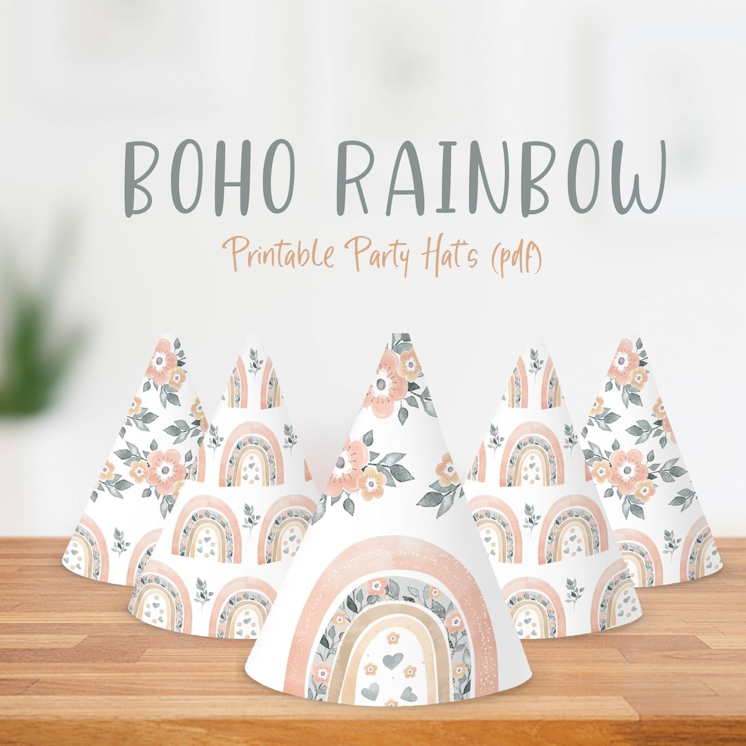 Boho Rainbow Printable PDF Party Hats, Bohemian Printable Party Decor ...