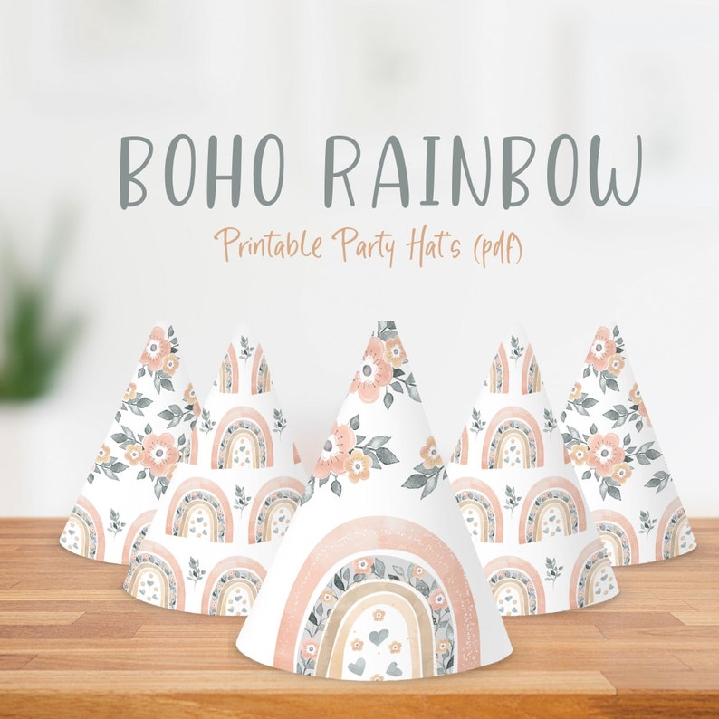Boho Rainbow Printable PDF Party Hats, Bohemian Printable Party Decor ...