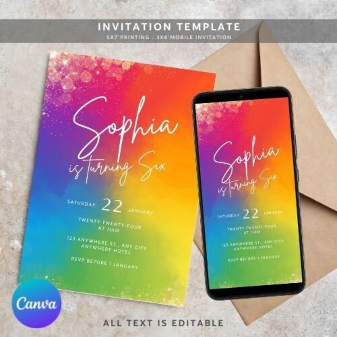 Vibrant Watercolor Birthday Invitation - Colourful Ombre Pastel Rainbow ...
