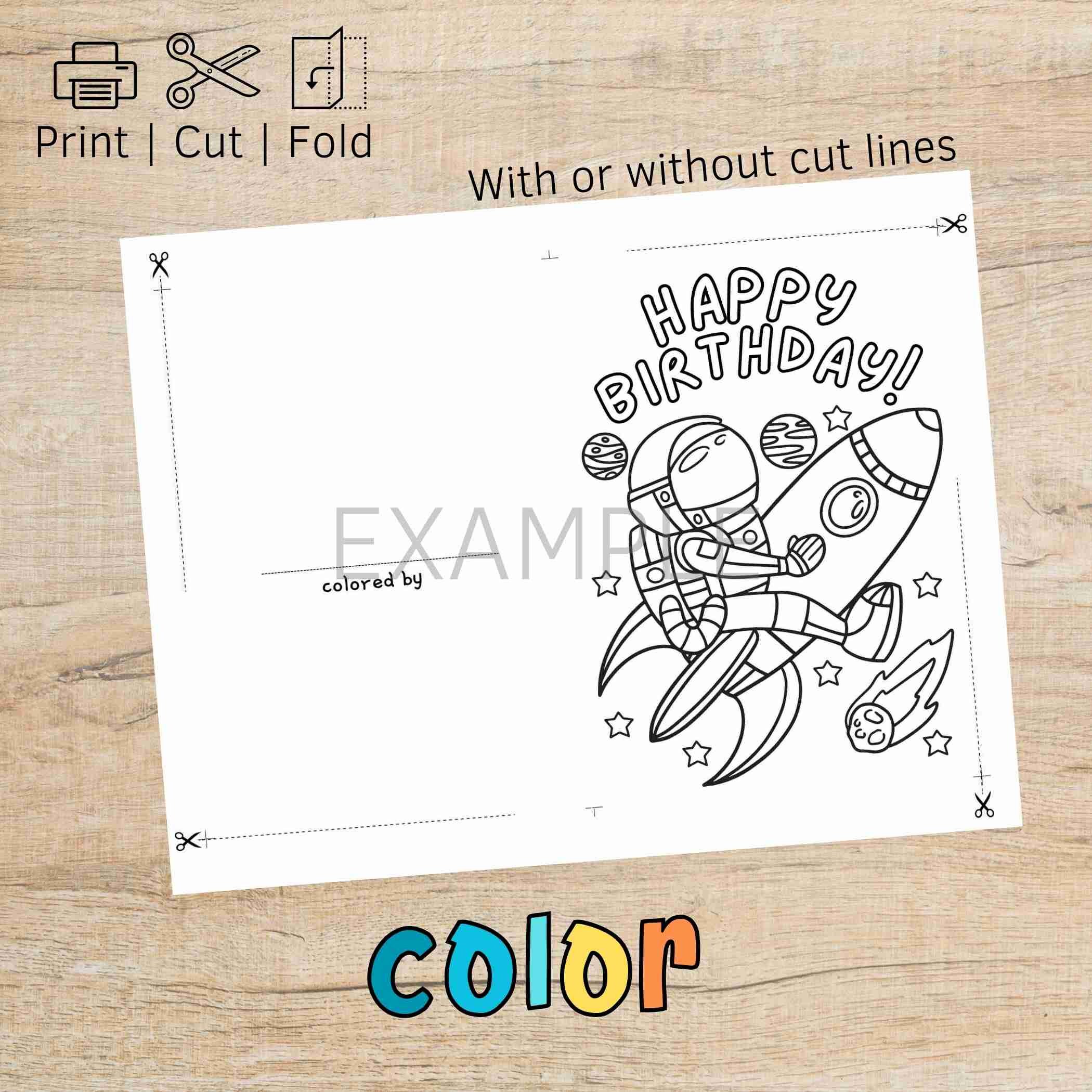 Printable Coloring Happy Birthday Card - Astronaut on Rocket Ship - A ...