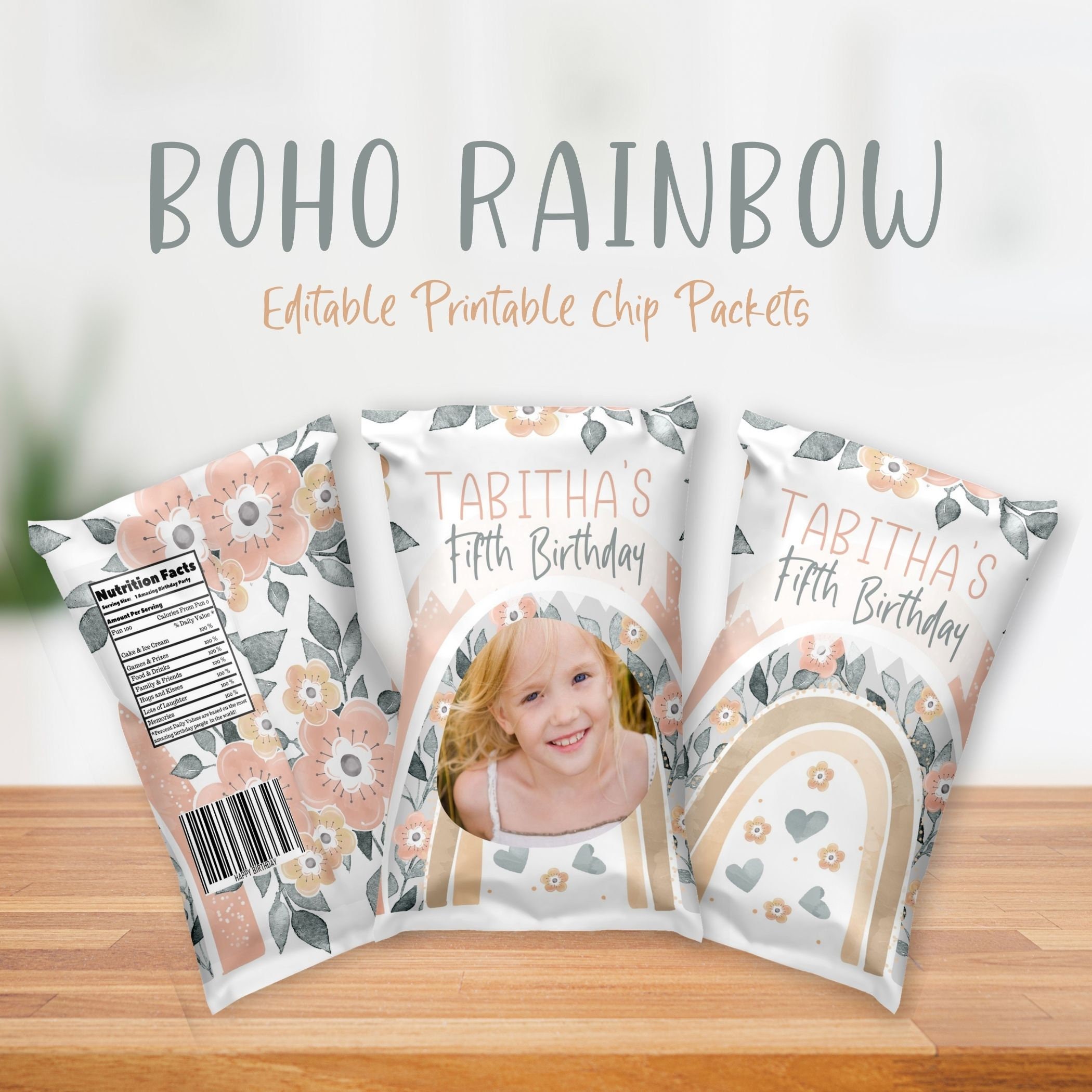 Boho Rainbow Printable Editable Chips Packet, Bohemian Printable Party ...